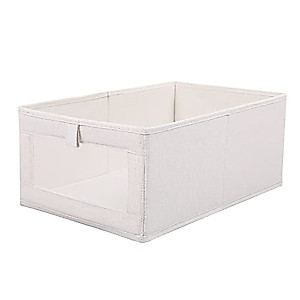 LaMorée Fabric Storage Bin Box Rectangular Cotton Linen Storage Basket Cube with Thick PP Board Clear Mesh Window Foldable Decorative Nursery Home Office Organizer Container – Beige, Large