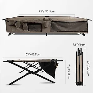 Extremus New Komfort Camp Cot, Folding Camping Cot, Guest Bed, 300 lbs Capacity, Steel Frame, Strong 300D Polyester Surface, includes Side Storage Organizer, Carry Bag