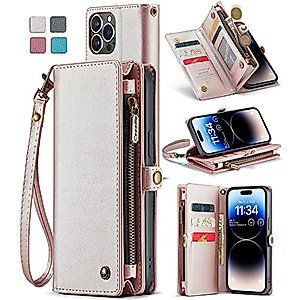 asapdos iPhone 14 Pro Case Wallet,Retro Suede PU Leather Strap Wristlet Flip Case with Magnetic Closure,Card Holder and Kickstand for Men Women(Rose Gold)