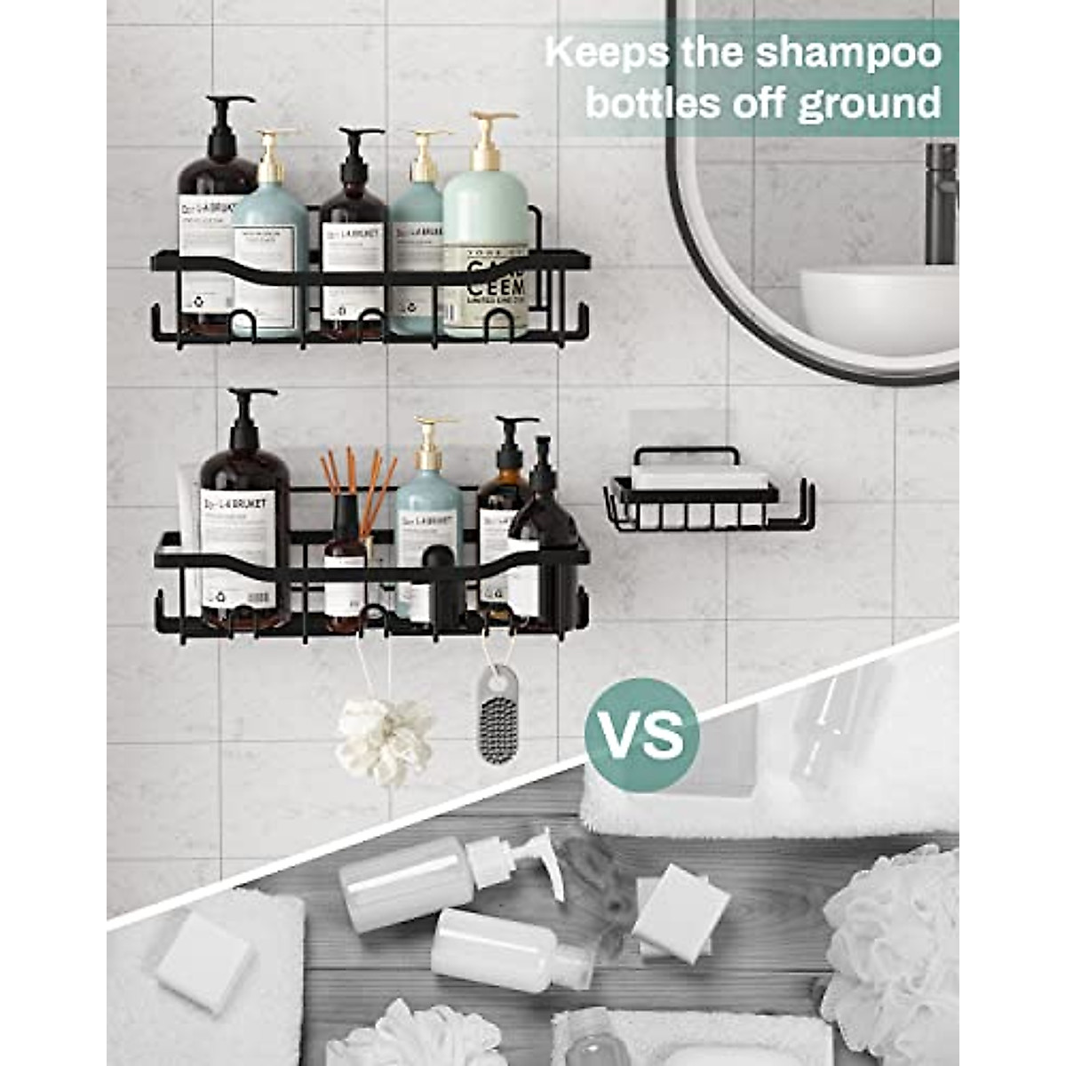 Gaclibl Shower Shelves for Inside Shower, Adhesive Shower Caddy 3 Pack Shower Organizer Wall Suction Shower Shampoo Holder, Shower Storage Rack Basket Shelf for Bath Bathtub Bathroom Restroom, Black