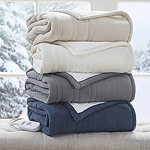 Serta Reversible Fleece to Sherpa Electric Blanket Fast Heating Soft Cover, Safety Auto Shut Off Timer, Low EMF, Multi Heat Setting, ETL Certified, Machine Washable, Ivory Throw (50"x 60")