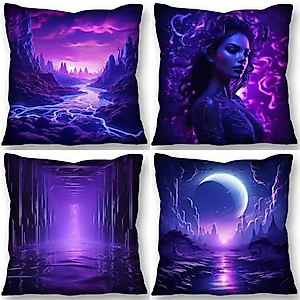 Waxonle AI-Crafted Moon Purple Throw Pillow Covers 60x60cm Set of 4 for Living Room Bed and Couch Soft Decorative Cushion Cases for Modern Room and Holiday Celebrations - Bedding Home Decor Clearance