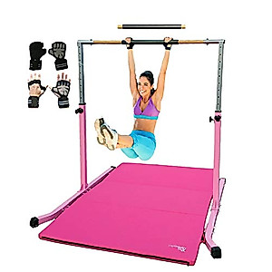 Gymnastic Kip Bar Horizontal Bar Expandable Height for Kids Junior Gymnastics 4'x6' Mat- Adjustable 3 to 5 FT - Gymnastic Bar with Cushioned Bar Pad for Fiberglass Rail with Curved Legs, Gloves (Pink)