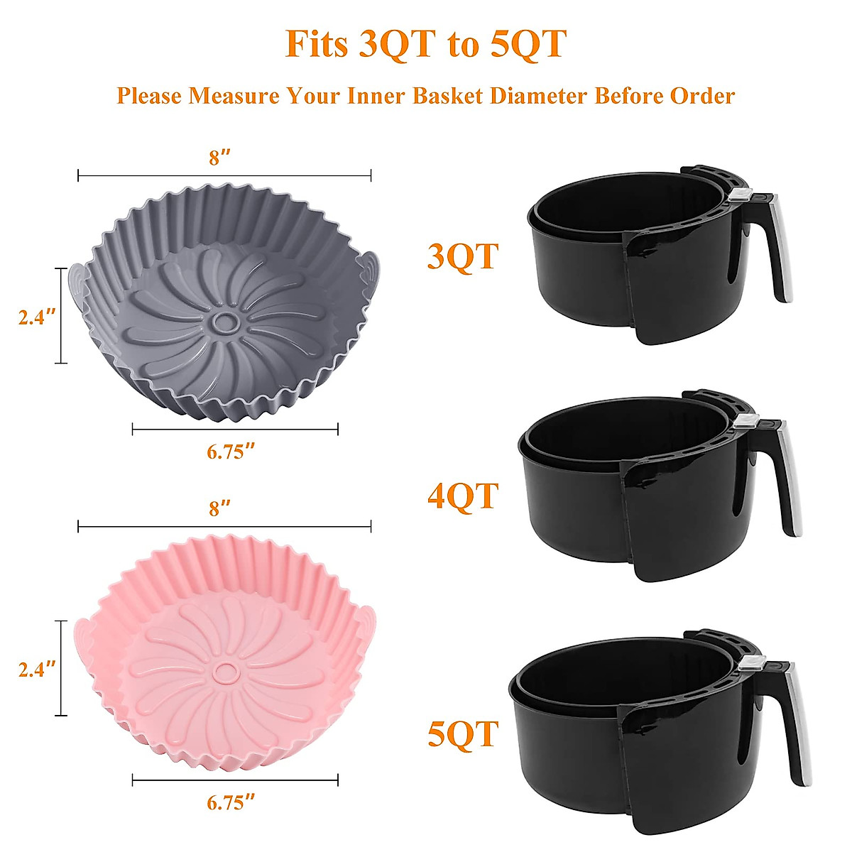 Stron-Dura 2 Pack Air Fryer Liners for 3 to 5 QT, Air Fryer Silicone Liners, reusable air fryer liners, (grey + pink, 2)