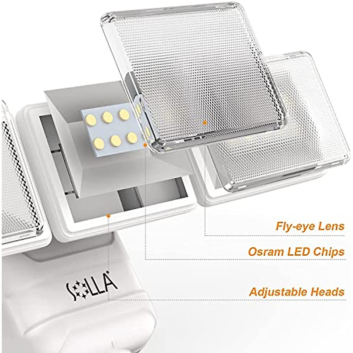 SOLLA Battery Powered LED Flood Light Outdoor, Wireless Motion Sensor Security Lights, 5000K, IP65 Waterproof, Flood Light Battery Operated, 3 Head Motion Detector Light for Garage,Yard, Porch