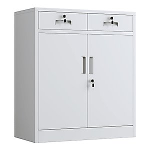JINGUR Metal Storage Cabinet with Locking Doors and 2 Drawers, Lockable Storage Cabinets with Adjustable Shelf for Home Office and Garage (White)