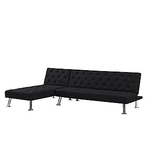 Modern Fabric Futon Sofa Bed with Convertible Single & Double Seat Futon Beds,L-Shaped Reversible Sectional Couch Sofa Bed with Metal Legs for Home/Living Room/Apartment/Dorm (Black + Fabric)