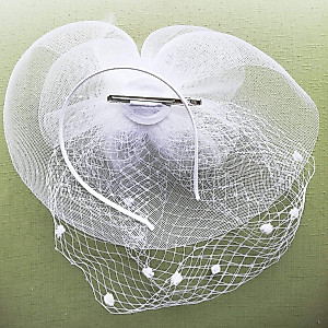 Women Cocktail Tea Party Flower Headwear Birdcage Pillbox Hat Wedding Veil Vintage Fascinator with Feather White