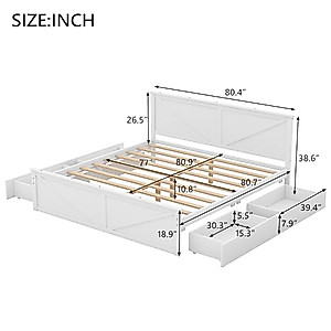 RORIGAT King Size Platform Bed with 4 Storage Drawers, Wooden Bedframe w/Headboard and Support Legs, for Livingroom, Bedroom, Guestroom, No Box Spring Needed, White