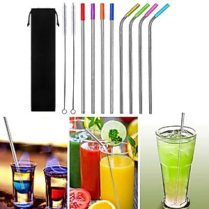 Set of 8pc Reusable Stainless Steel Straws with Travel Case Cleaning Brush Silicone Tips Eco Friendly 8.5" Metal Straws Drinking for 20 24 30 oz Tumbler