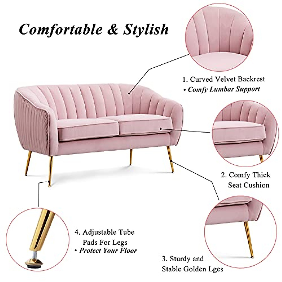 Artechworks Contemporary Tufted Velvet Tub Barrel Loveseat Sofa Chair Upholstered Couch with Golden Metal Legs Club Two-Seat Sofa for Living Reading Room Bedroom Apartment Small Space Dorm, Pink