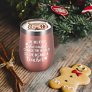 GINGPROUS Teacher Appreciation Gifts, Teacher's Day Christmas Birthday Gift for Women Teacher Tutor Professor New Teacher Her, So She Became a Teacher Stainless Steel Wine Tumbler, 12 Oz Rose Gold