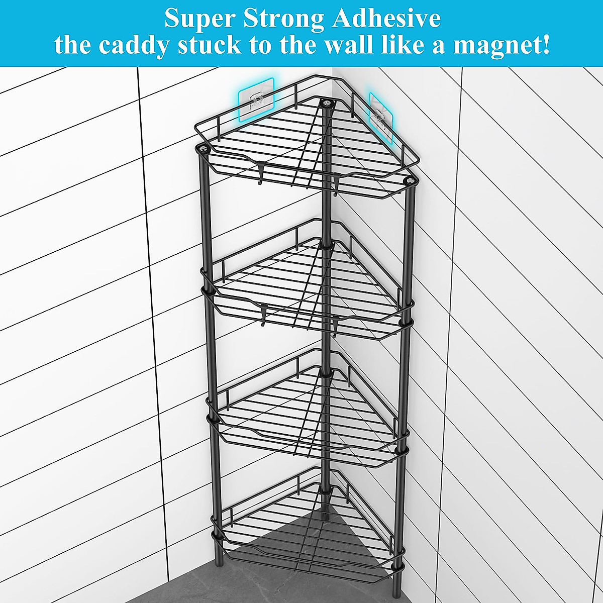HuggieGems 4 Tier Floor Standing Corner Shower Caddy Organizer Shelf with Hooks, Bathroom Shelves Stand Rack, Black