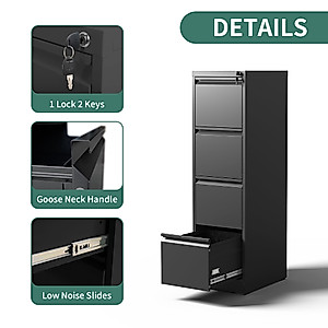 BIZOEIRON 4 Drawer File Cabinet with Lock, Metal Vertical Filing Cabinets for Home Office, Steel Storage Cabinet for Hanging Legal/Letter Size Files, Assembly Required (Black)