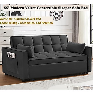 Lin-Utrend 55''Convertible Sleeper Sofa Couch with Adjustable Backrest, Modern Velvet 2 Seater Sofa with Pull-Out Bed with 2 Pillows, Small Love Seat Lounge Sofa Bed for Small Space (Black)