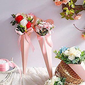 Thenshop 20 Pcs Single Flower Sleeve Love Heart Floral Bouquet Bags Paper Flower Bag Pink Gift Florist Box with Ribbons for Packaging Wrapping Single Rose Flower