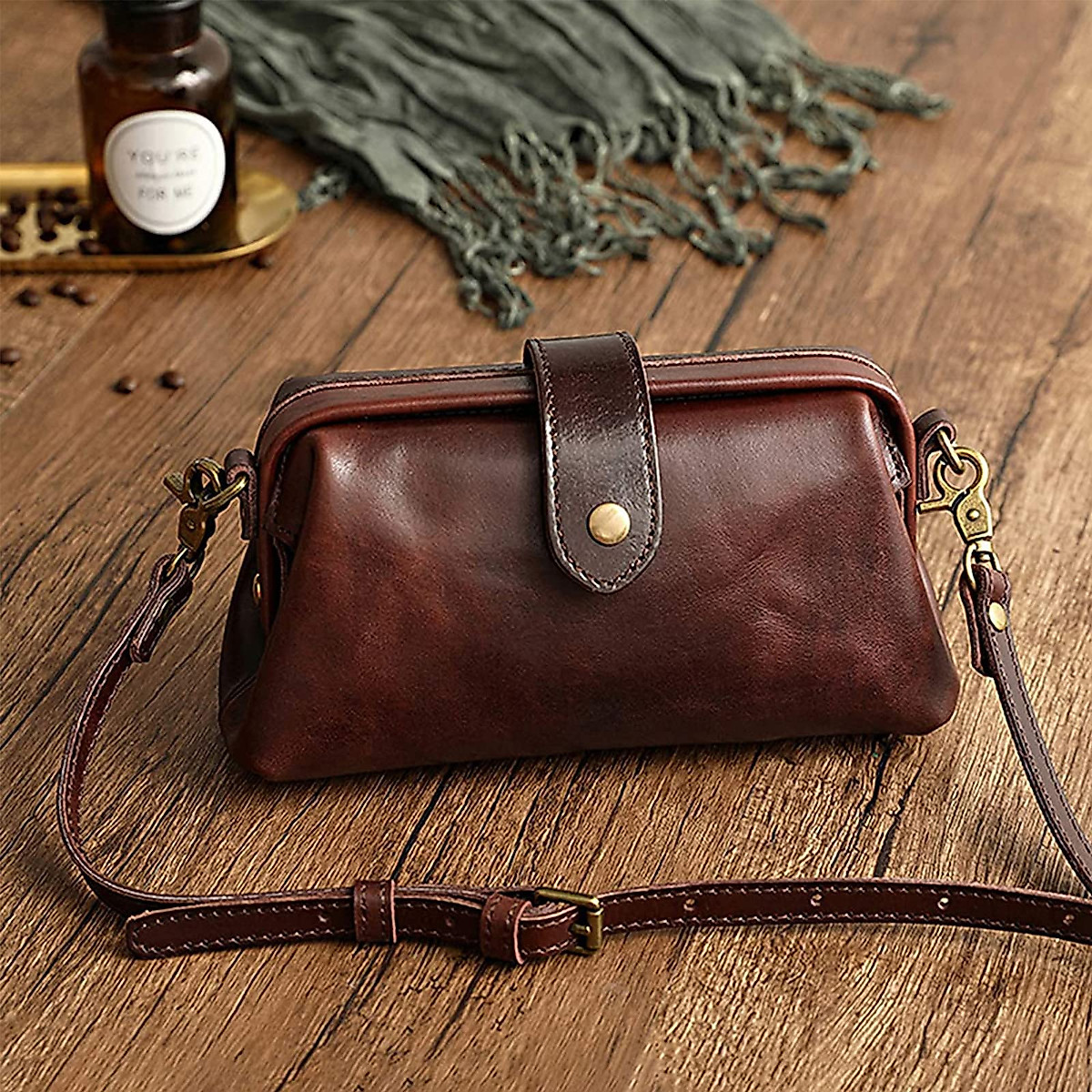 Premium Leather Retro Handmade Doctor Bag,Dr bag - retro handmade bag,Crossbody Unique Opening Small Vintage Phone Purse Handbags for Women (Coffee)