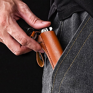 COHOMELARS Slim Folding Pocket Flipper Knife for Men,3.8'' Stainless Steel Black Blade,EDC Gentleman's Knife with Leather Sheath, Liner Lock