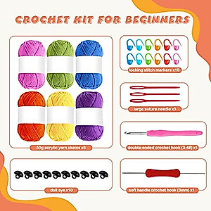 CACOE 6PCS Acrylic Yarn Skeins with Crochet Kit -6x50g 660 Yards of Craft Yarn for Knitting and Crochet,Yarn for Crocheting Beginners and Professional,Starter Pack for Adults(Rainbow - 6 Colors)