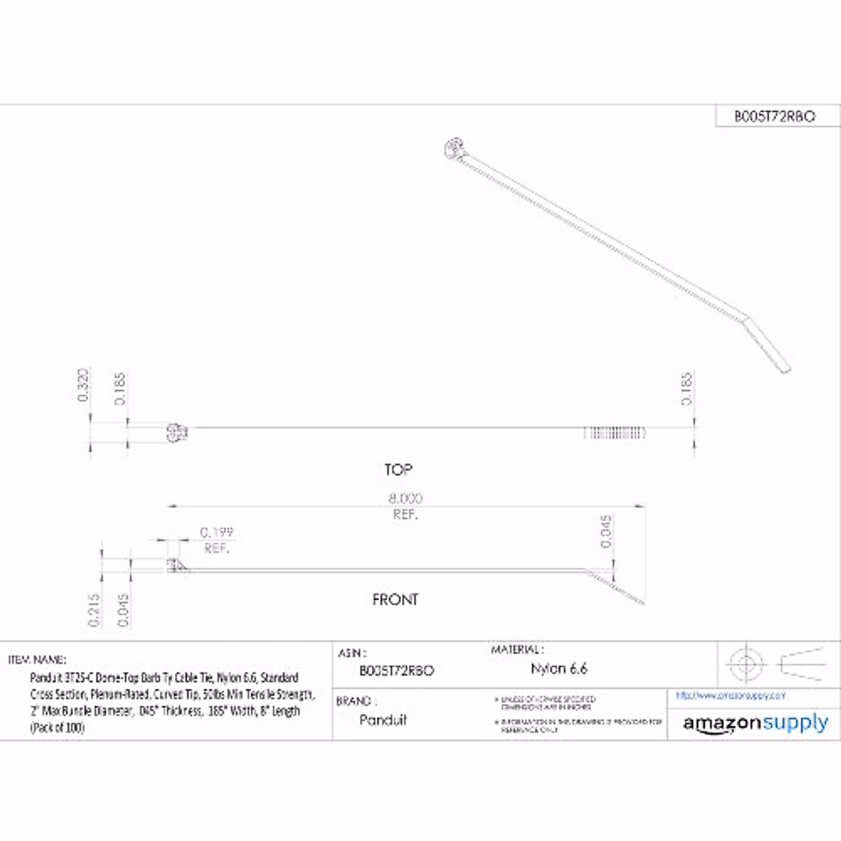 Panduit BT3I-C Dome-Top Barb Ty Cable Tie, Nylon 6.6, Intermediate Cross Section, Plenum-Rated, Curved Tip, 40lbs Min Tensile Strength, 3" Max Bundle Diameter, 0.049" Thickness, 0.141" Width, 11.3" Length (Pack of 100)
