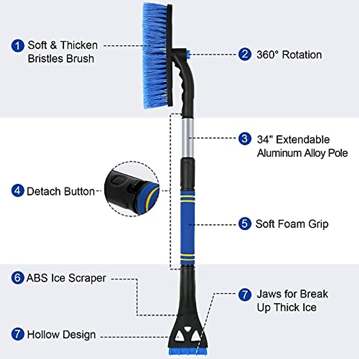34" Extendable Ice Scrapers for Car Windshield 2-in-1 Snow Brush for Car Snow Scraper for Car Snow Scraper and Drush with Ergonomic Foam Grip for Cars, Trucks, SUVs with 360° Pivoting Brush Head