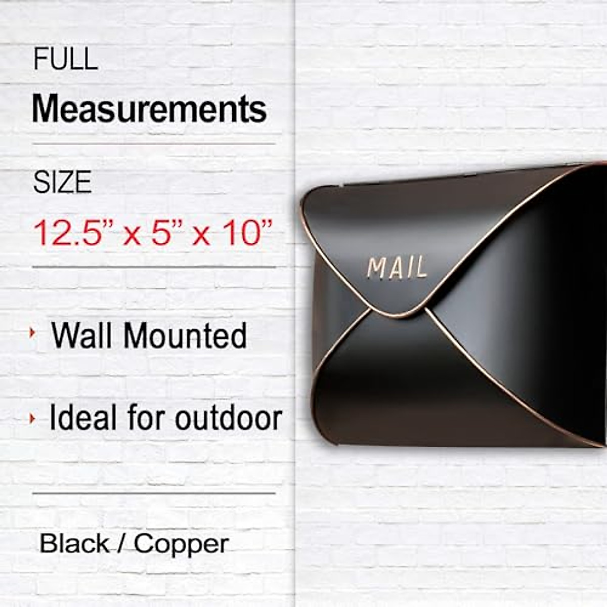 NACH Black Mailbox Wall Mount, 12.5 x 5 x 10 inch Wall Mount Mailboxes for Outside, Waterproof Mailboxes for Outside - Envelope Mailbox