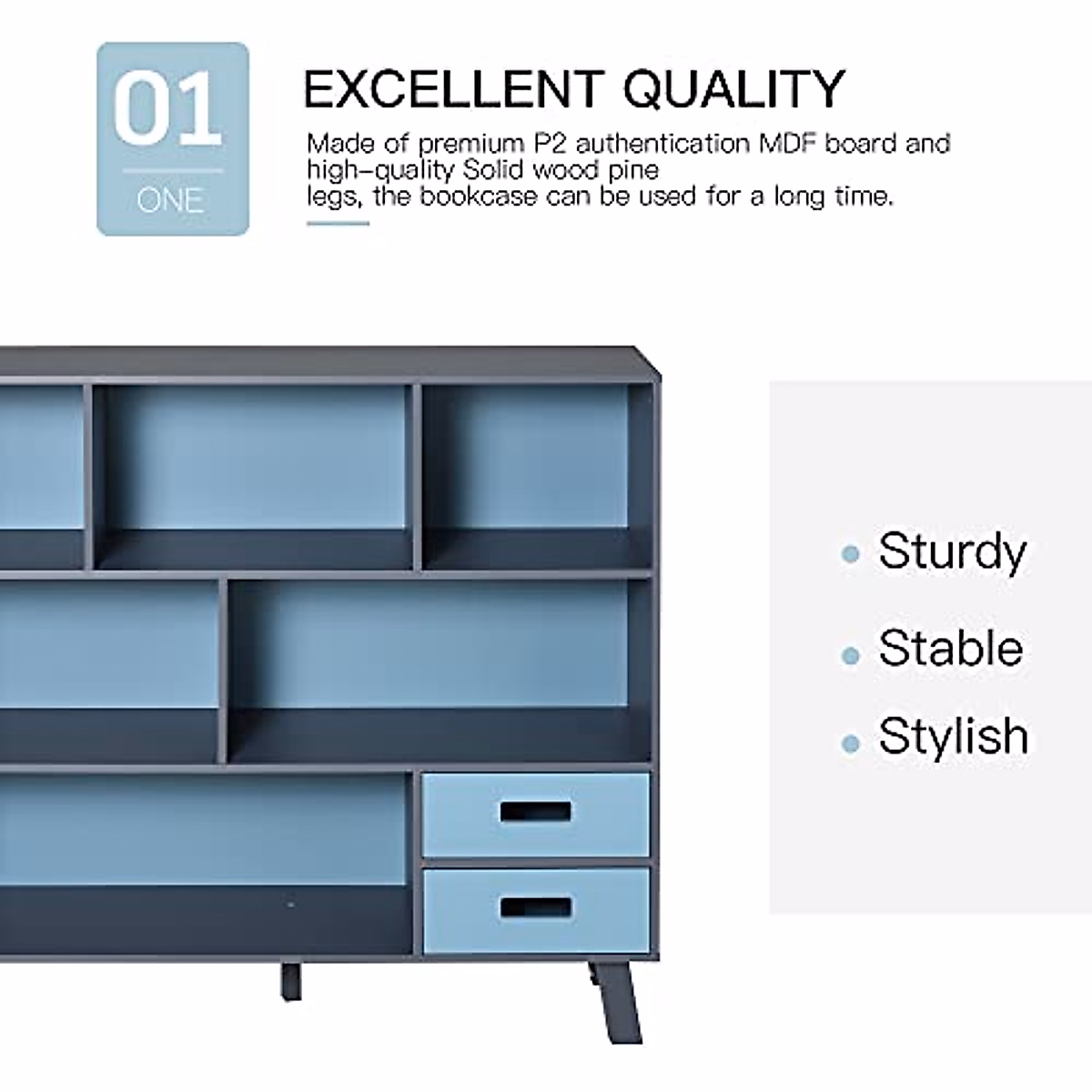HOMCOM 3-Tier Child Bookcase Open Shelves Cabinet Floor Standing Cube Storage Organizer with Drawers - Dark Blue