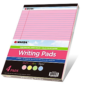 KAISA Colored Legal Pad Writing Pads , Wide Ruled 8.5"x11.75" , Thick 20lb Colored Paper 40 sheets/pad 8-1/2"x 11-3/4" Perforated Writed Pad, Sturdy Back, 4pads, KSU-5972