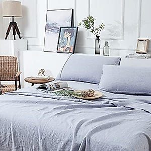 Berklan Linen Sheets King 100% French Natural Linen with Stone Washed 16 Inch Deep Pocket Organic Linen Sheets 200GSM Ultra Breathable(1 Flat 1 Fitted Sheet and 2 Pillowcases Blue King)