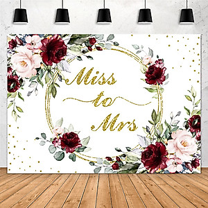 Aperturee 7x5ft Miss to Mrs Bridal Shower Backdrop Bride to Be Pink Burgundy Floral Green Leaves Engagement Wedding Shower Couples Photography Background Party Decorations Banner Photo Booth Studio