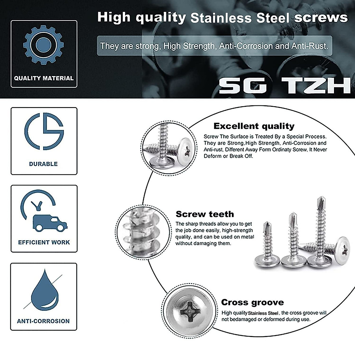 #8 x 3/4" Sheet Metal Screws 100PCS 410 Stainless Steel Truss Head Fast Self Tapping Screws by SG TZH