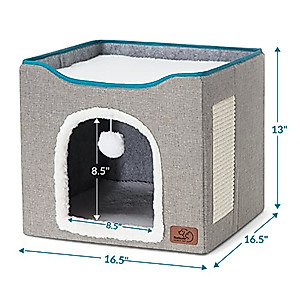 Bedsure Cat Beds for Indoor - Large Cat Cave for Pet House with Fluffy Ball Hanging and Scratch Pad, Foldable Hideaway,16.5x16.5x14 inches, Grey