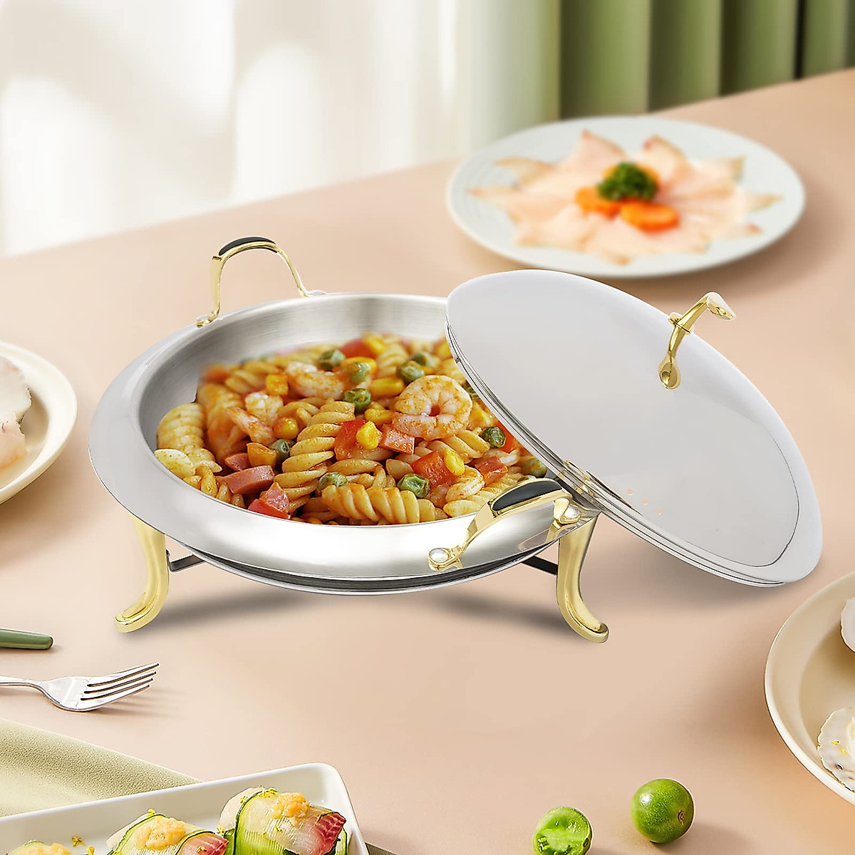 Gagalayong Stainless Steel Chafing Dish, Luxury gold-plated Round Food Warming Tray Non-stick Coating with Food & Water Pan, Lid, Frame, Fuel Holder for Parties, Dinners and Catering