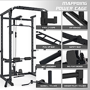 Mappding 1500 LBS Power Cage, Squat Rack for Home Gym with LAT Pullup System with 3 Grip Variation, T Bar, Leg Hold-Down Attachment, Weight Cage with More Training Attachment for Garage Workout, Black