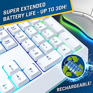 Klim Chroma Wireless Gaming Keyboard RGB - Long-Lasting Rechargeable Battery - Quick and Quiet Typing - Water Resistant Backlit Wireless Keyboard for PC PS5 PS4 Xbox One Mac - White (Renewed)