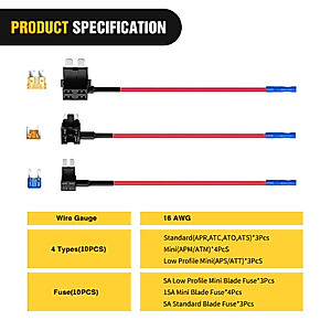 Nilight - 50040R 12V Car Add-a-Circuit Fuse Adapter with Standard and Mini TAP Profile TAP Blade Fuse for Cars Trucks Boats, 10 Pack Fuse Holder-3 types, 2 Years Warranty,Blue, Red, Black