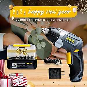 RIDA Cordless Screwdriver 4V Electric Screwdriver Rechargeable Screw Gun Kit w/10+1 Torque & 2 Position Handle, 3 LED work indicator & LED flashlight, 58pcs Accessories and Tool Box New Year presents