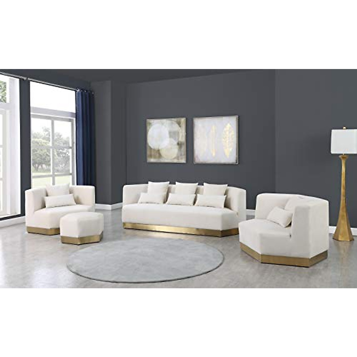Meridian Furniture Marquis Collection Modern | Contemporary Velvet Upholstered Sofa with Stainless Steel Base in a Rich Gold Finish, 93" W x 38" D x 29" H, Cream