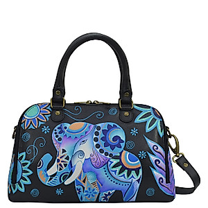 Anna by Anuschka Women's Anna Anuschka Hand Painted Women s Genuine Leather Wide Organizer Satchel Blue Elephant, Blue Elephant, One Size US