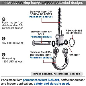 BeneLabel Set of 6 Permanent Antirust Stainless Steel 304 Screw Bracket Heavy Duty Swing Hanger 1800LB Capacity, Indoor Outdoor Playground Yoga Hammock Chair Sandbag Punching Bag, Hardware Swing Sets