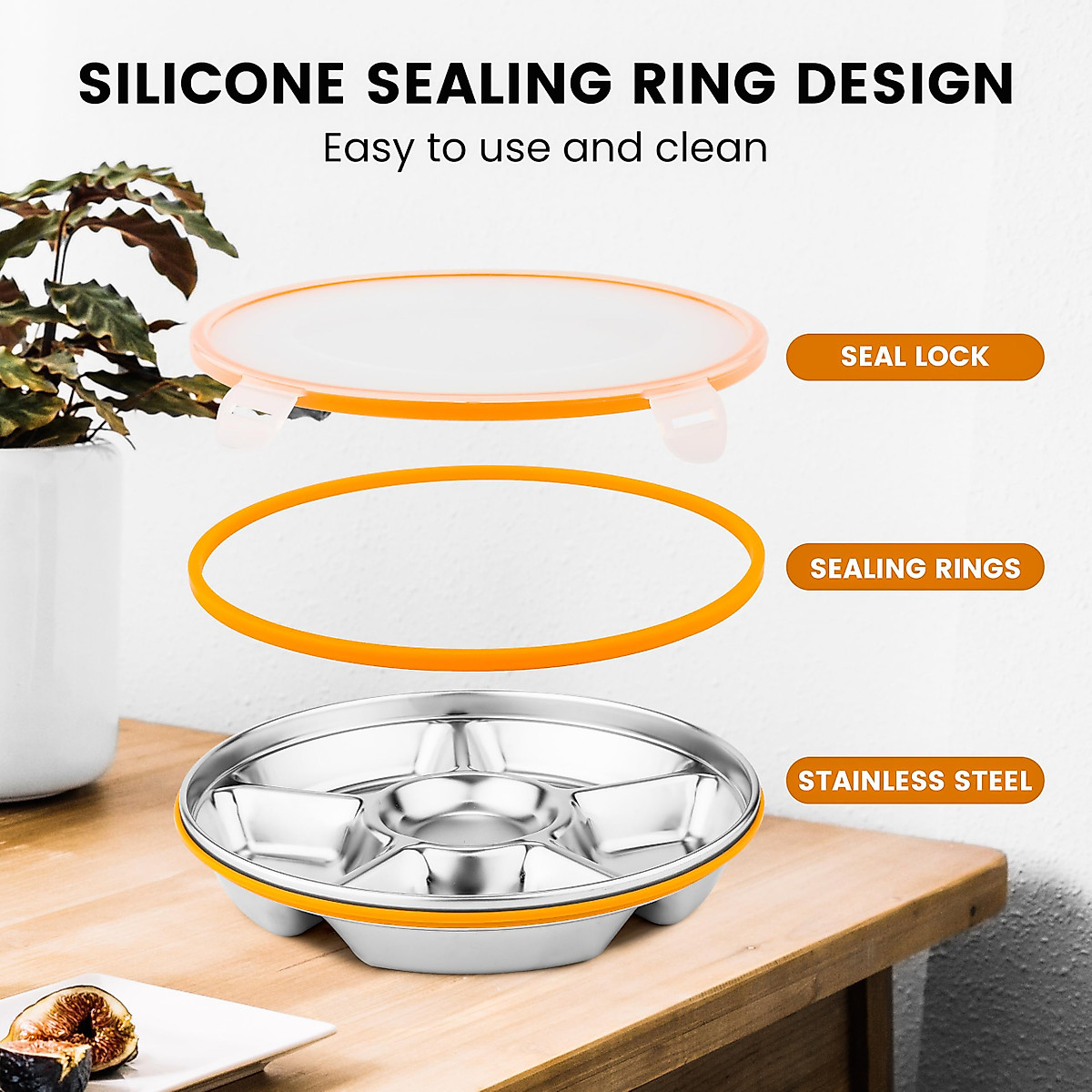 YENXIKU Divided Serving Tray with Lid, Stainless Steel Veggie Tray with Plastic Lid, Reusable Vegetable Platter, Snack Tray, Snackle Box for Party, Easy to Clean (6 Compartments, 60oz)