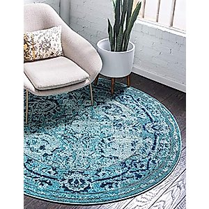 Rugs.com Fleur Collection Rug – 3' Round Light Blue Medium-Pile Rug Perfect for Kitchens, Dining Rooms