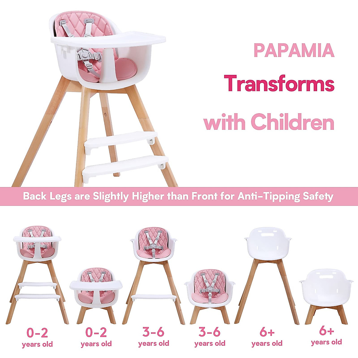 PAPAMIA Baby High Chair, Detachable Infant Feeding Dining Chair, 2-Level Height Adjust Easy-to-Clean Baby Chair with Safety Buckle and Detachable Dinner Plate, for Home and Traveling (Pink)