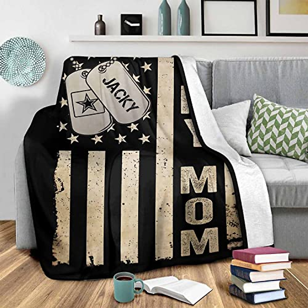Army Mom, Army Dad US Flag Blanket Personalized Blanket Gift for Military Mom, Dad Ideas Gifts for Birthday, Mothers Day, Birthday, Blanket Customized, White