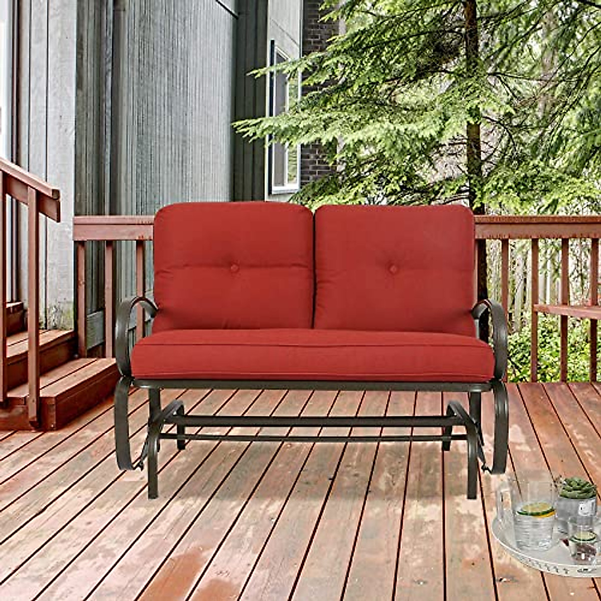 PATIO TREE Swing Glider Bench Outdoor Cushioed 2 Person Rocking Chair Garden Loveseat, Brick Red