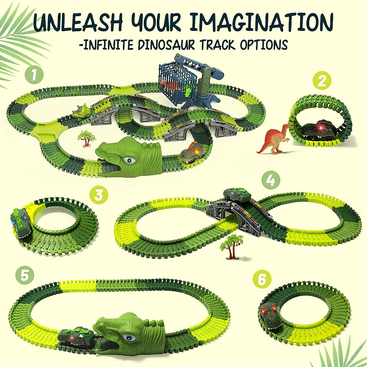 EchoPlan Dinosaur Toys, 309PCS Dinosaur Race Track Train Toy with 4 Dino Cars, 6 Dino Toys, 270 Track set,Create A Dino World Road Race, Toys for Boys kids toddlers 3 4 5 6 7 8 10+ Year Old & Up