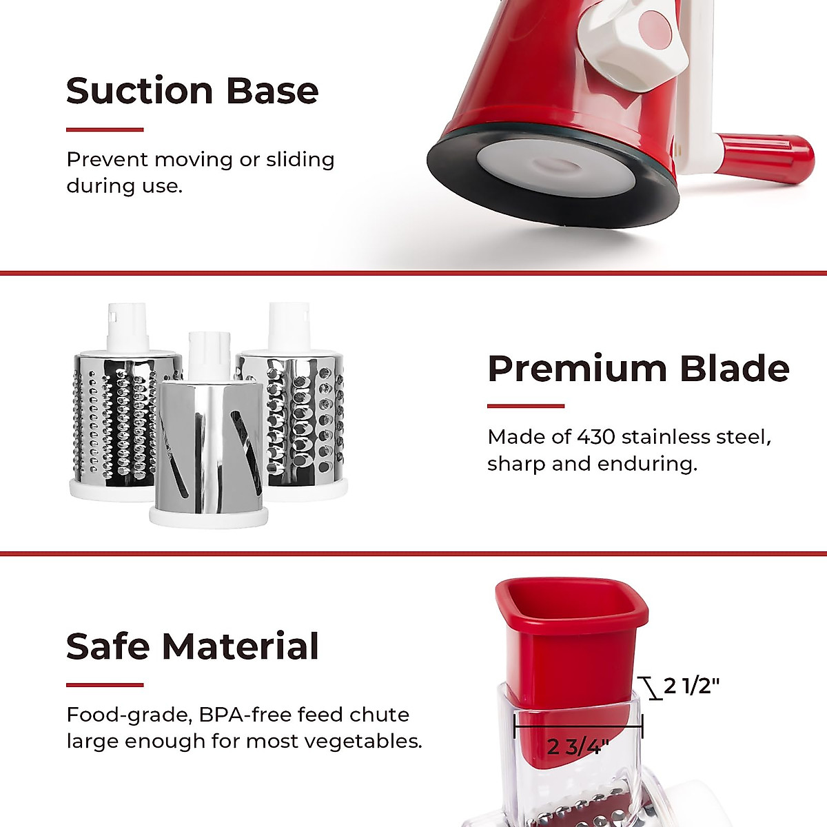 X Home Rotary Cheese Grater for Kitchen, Shredder with 3 Interchangeable Blades, Rotary Grater with Handle and Strong Suction Base, for Vegetables, Fruit, Nuts, Easy to Use and Clean, Red