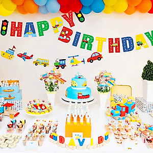Faisichocalato Transportation Happy Birthday Banner Car Bus Train Plane Ship Helicopter Traffic Light Photo Props Garland for Kids Transportation Theme Birthday Party Decorations Baby Shower Supplies