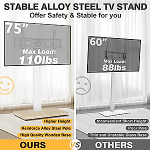 TV Floor Stand for 32-75 Inch Plasma LCD LED OLED Flat Panel or Curved Screen TVs, Swivel TV Stand Mount with Height Adjustment and Sturdy Wood Base, White