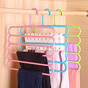 WhopperIndia Clothes Pants Hangers Multi Layers Plastic Pant Slack Hangers, Hangers Closet Storage Organizer for Pants, Jeans and Scarf Hanging, 5 Layer Pack of 6, Assorted Color